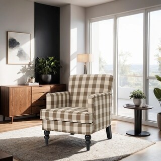 Tufted Club Chair - Brown Fabric, Checkerboard Pattern, Birch Wood ...