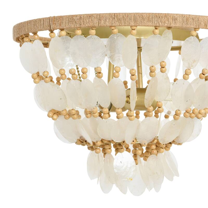 15" Capiz and Wood Bead Flush Mount Ceiling Light - 15.0"L x 15.0"W x ...