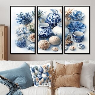Pottery In Blue And White Tones III - Coastal Pottery Framed Wall Art ...