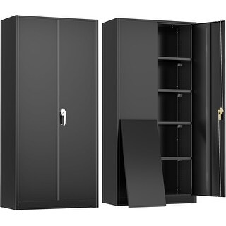 72 Inch Black Metal Storage Cabinet with 2 Doors, 4 Adjustable Shelves ...