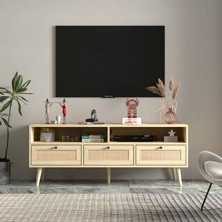 Elegant Natural Rattan TV Console TV Stand with Large Storage Space and ...