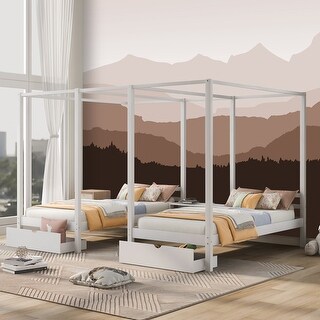 Sheya Double Twin Size Canopy Bed with Two Drawers and Built-in Desk ...