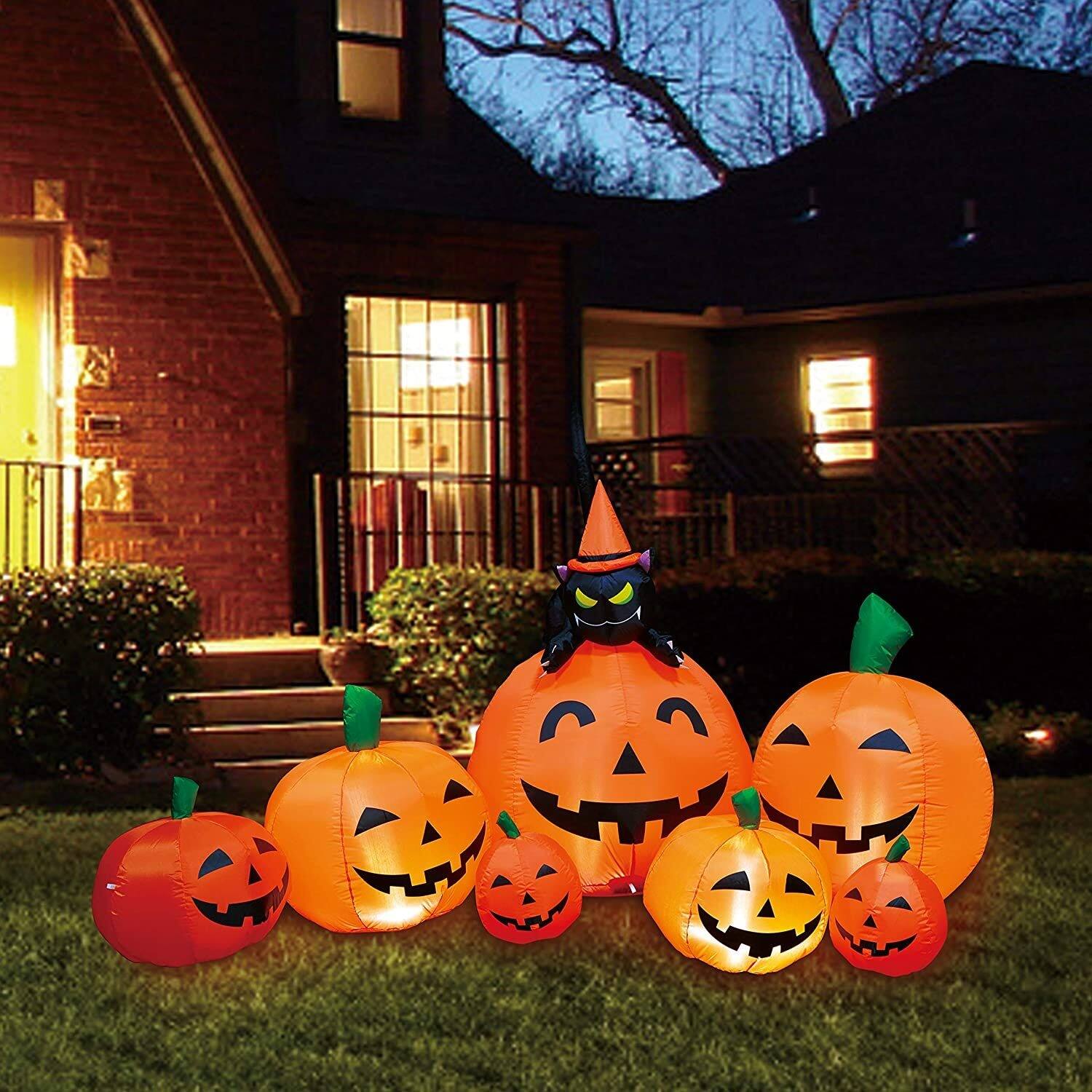 Syncfun 7 Ft Long Inflatable Pumpkins With Witchs Cat On Sale Bed