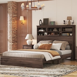 Queen Size Wooden Platform Bed with Storage Headboard,American Country ...