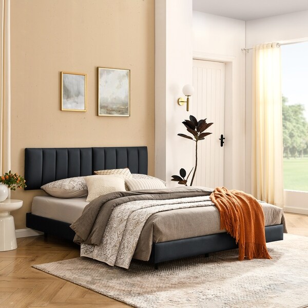 Modern Faux Leather Upholstered Queen Size Floating Bed Frame with Wall Mounted Headboard for Bedroom Black