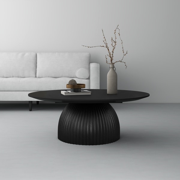 Round Black Coffee Table Solid Wood Base White