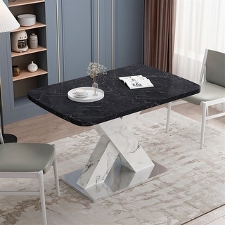Modern Stretchable Marble Table Top Square Dining Table w/ Metal Base ...