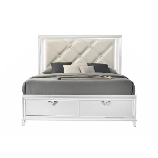 Modern Style Queen LED-Lit Bed with Padded Tufting & 2-Drawer Storage ...