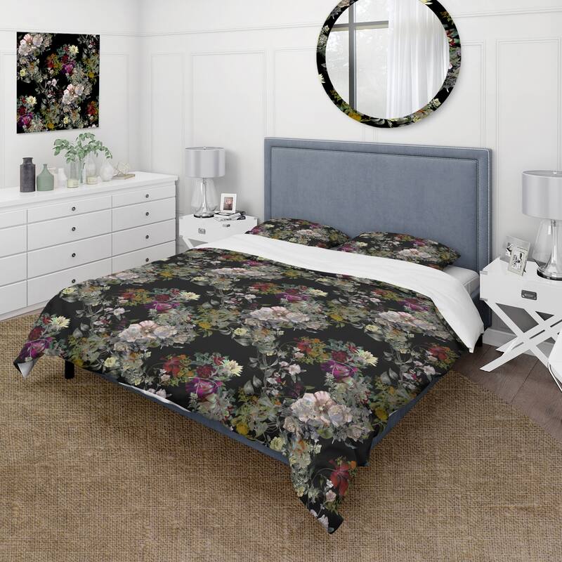 Designart 'Hibiscus And Seasonal Flowers On Black' Traditional Duvet ...