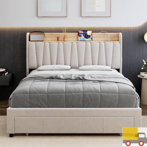 Platform Bed with Channel Tufted Corduroy Headboard and 4 Storage ...