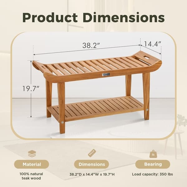 Bathroom Stool with Storage Shelf, Teak Shower Bench Waterproof Wood ...