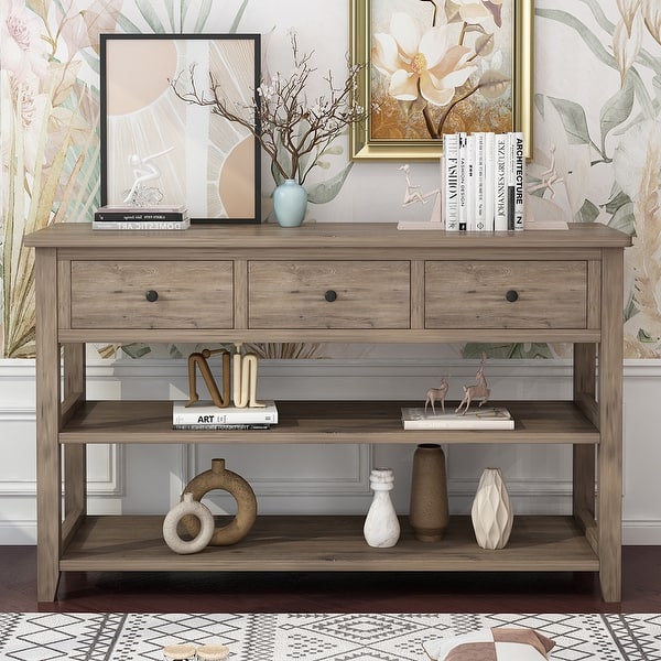 Console Table with Wood Frame and Legs, 3 Drawers and 2 Open Shelves ...