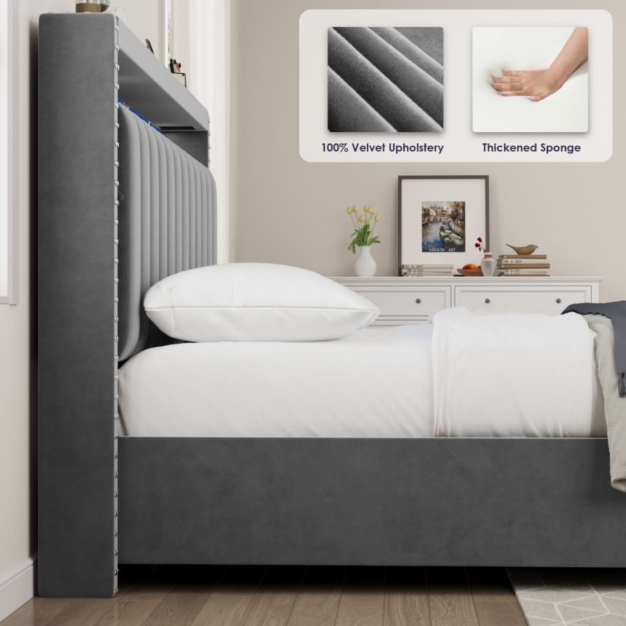 King Size Lift Platform Bed with LED Lights Storage Headboard Bed Bath Beyond 41102307