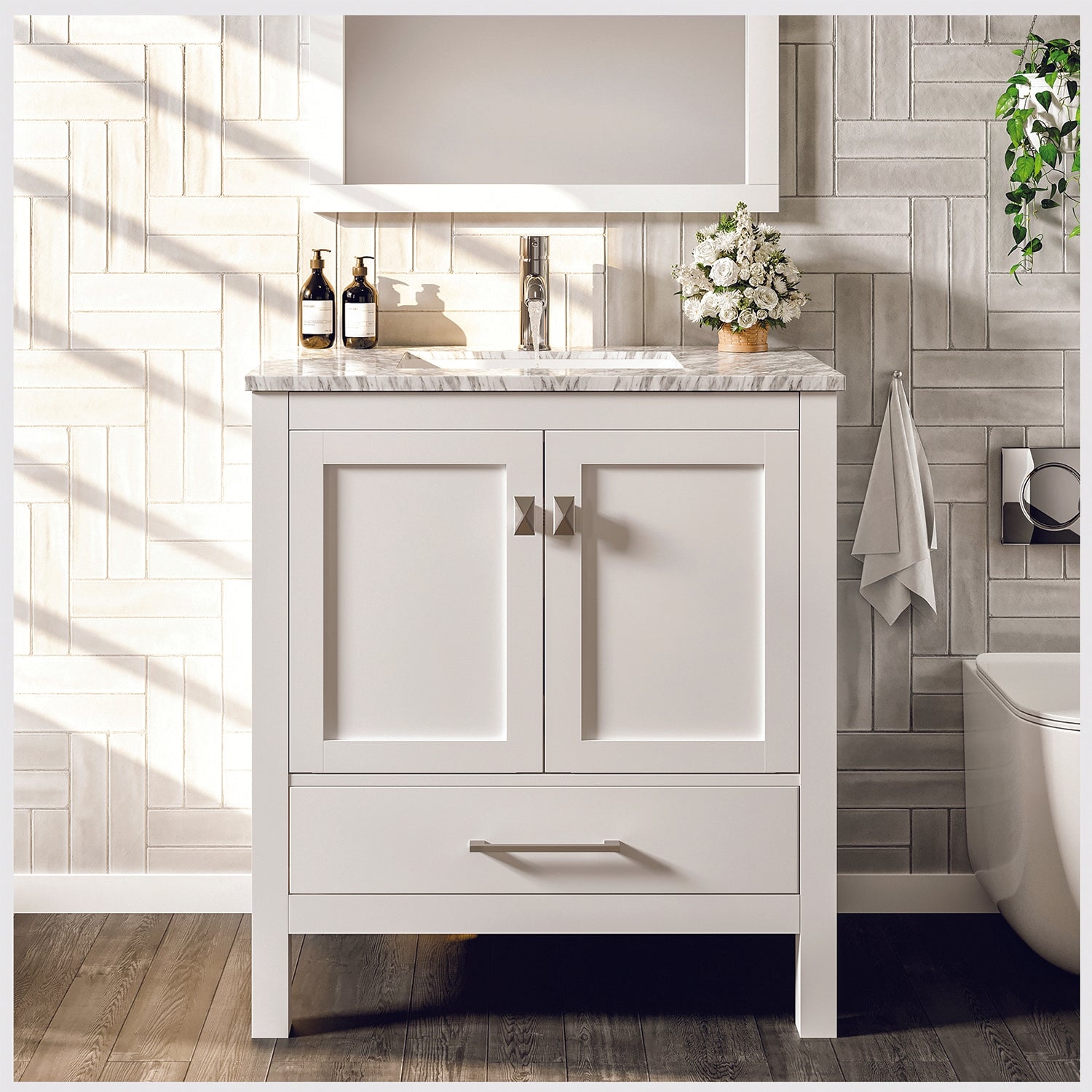 Eviva London 30 W x 18 D White Bathroom Vanity with Carrara Quartz Countertop and Undermount Porcelain Sink On Sale Bed Bath Beyond 18269270