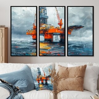 Designart - Grey Orange Summer Oil Rig In Ocean - Oil Rigs / Fields ...