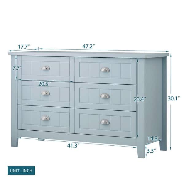 6 Drawers Dresser with Retro shell handle and solid wood frame - Bed ...