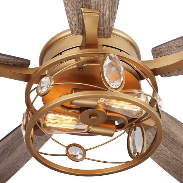 52" Brushed Brass 2-Light Crystal LED Ceiling Fan with Remote - Bed ...