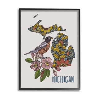 Stupell Detailed Michigan State Robin Bird & Flower Patterns Framed ...