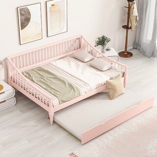 Pink Full Size Daybed Wood Bed Frame with Pull-Out Trundle Bed - Bed ...