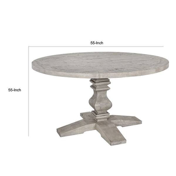 55 Inch Plank Top Round Dining Table with Pedestal Base, Gray - Bed ...