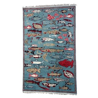 Handmade Vintage Fish Design Light Blue Fine Modern Area Rug 5 X 8 in ...