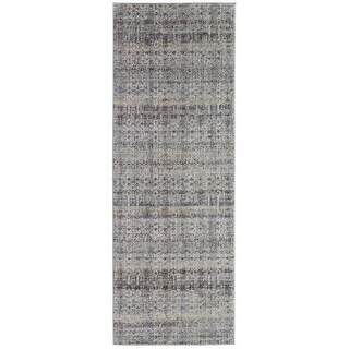 HomeRoots 8' Tan Ivory And Blue Geometric Power Loom Distressed Runner ...