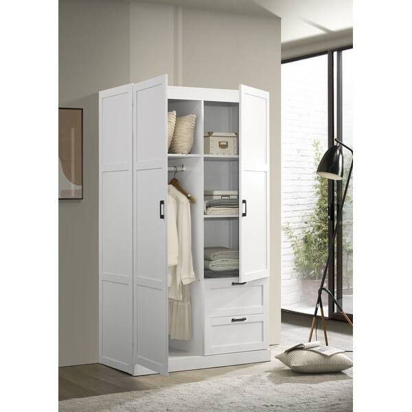 Aubree White Wardrobe Cabinet Armoire with 2 Drawers and Hanging Rod ...