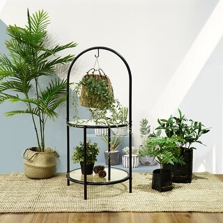 2-Tier Glass Top Round Multi-Tiered Plant Stand, Glass Bedside Table ...