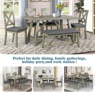 Gray Rectangle Table Chairs Set 6 Piece Dining Set w/ Bench Seating - Bed Bath & Beyond - 39380446