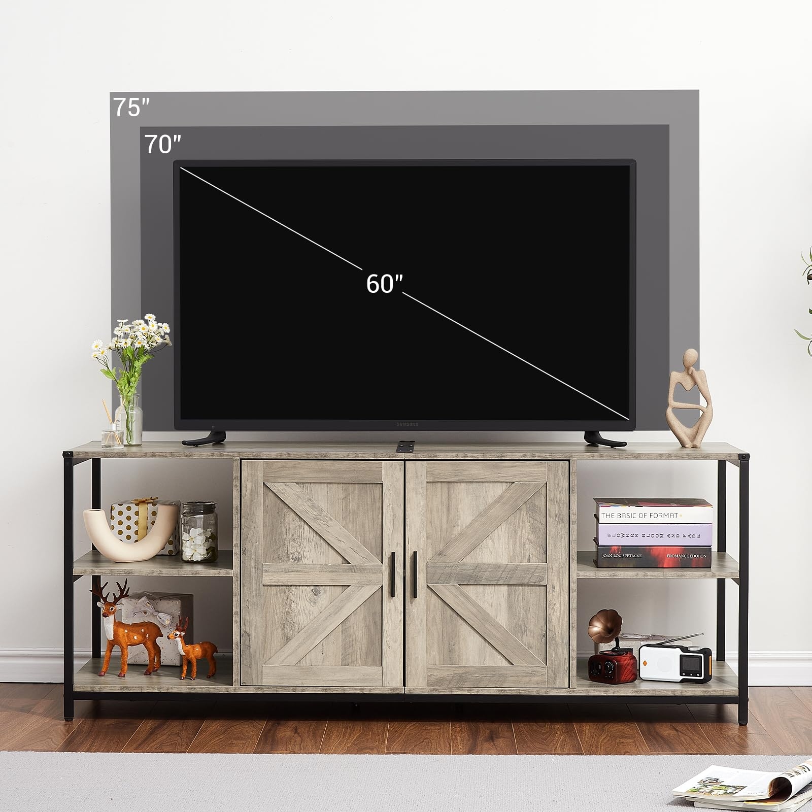 Modern Farmhouse TV Stand for TVs Up to 75 with 2 Door Storage Open Shelves Sturdy Metal Frame On Sale Bed Bath Beyond 42434444