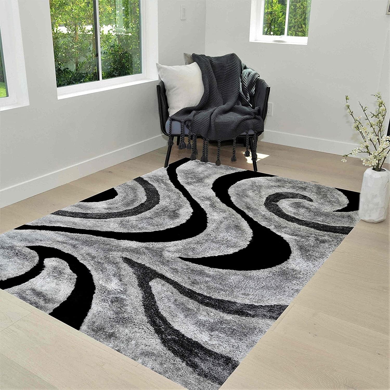 HR Silver, Gray, Black Shag Rug for Living Room Decor Rug Trends Bright ...