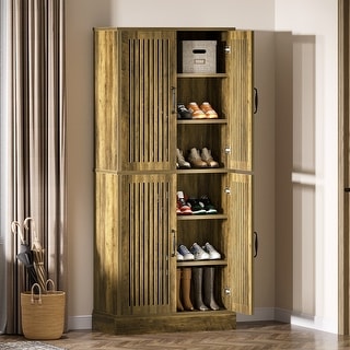 6 Tier Wood Shoe Storage Cabinet with Doors Rustic Brown Shoe Rack for ...