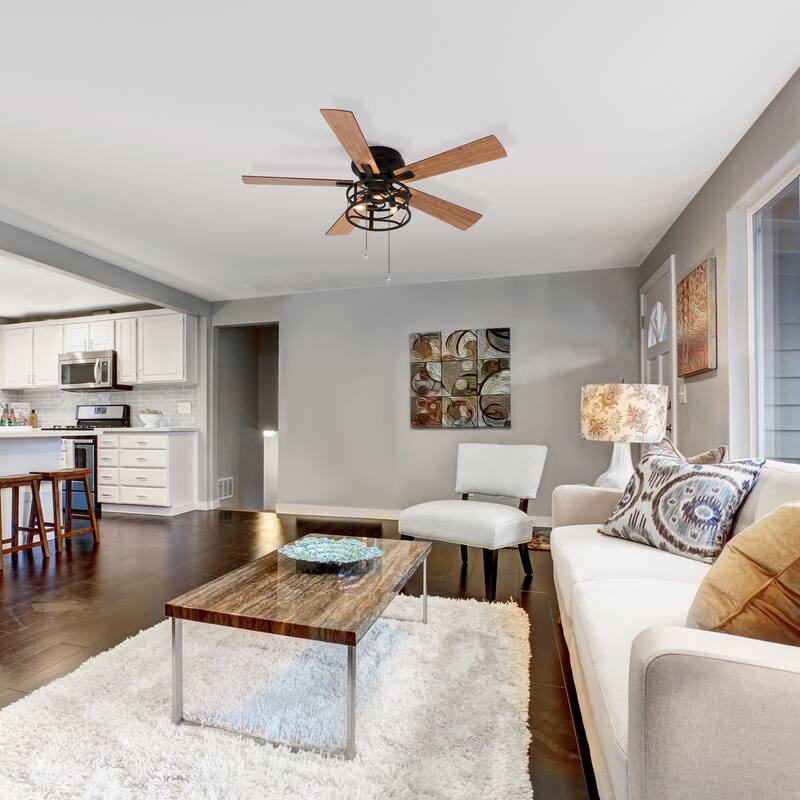 52-IN Black Flush Mount Ceiling Fan with Light Kit and Pull Chain(5 ...