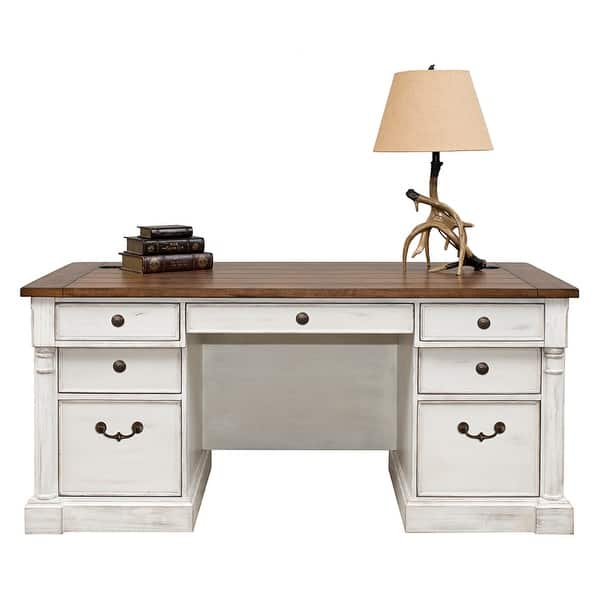 Rustic Wood Double Pedestal Executive Desk, Office Desk, Table, White ...