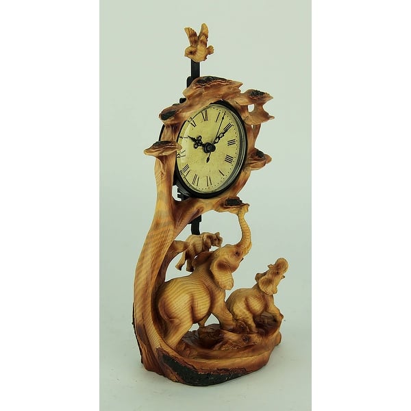 Elephant Family On Safari Carved Wood Look Clock Figurine - 11 X 5.75 X ...