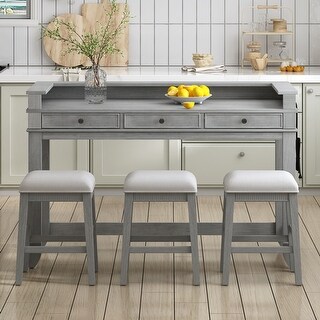 4-Pcs Dining Table Set w/3 Padded Stools, USB Power Port & 3 Drawers ...