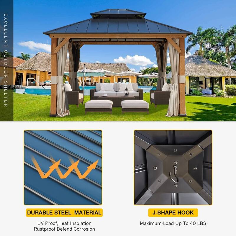 Hardtop Wood Gazebo for Patio, Outdoor Cedar/Spruce Pergola with Metal ...