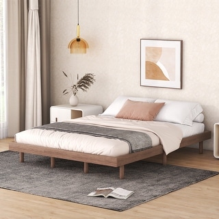 Brown Particle Board Queen Floating Platform Bed Frame with Rubberwood ...