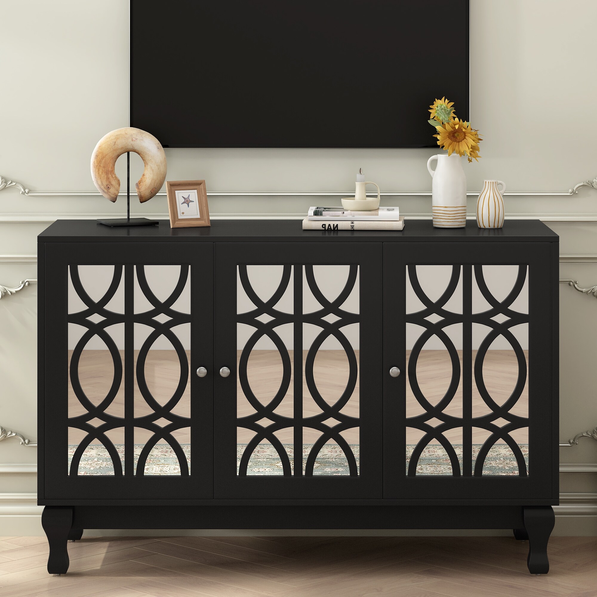 Mirrored Doors Storage Cabinet TV Stand for TV up to 55 Inches Modern Entertainment Center TV Cabinet for Living Room Black Bed Bath Beyond 42070973