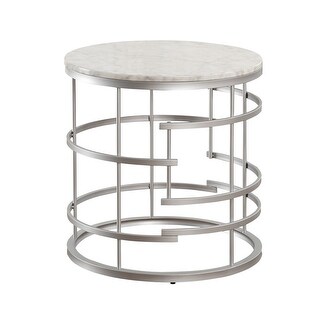 Faux Marble Top Round End Table with Metal Base, White and Silver - Bed ...