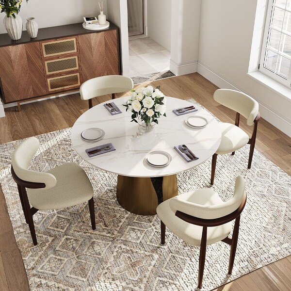 Modern Round White Dining Table Sintered Stone Tabletop Solid Black Carbon Steel Base On Sale Bed Bath Beyond 36858387