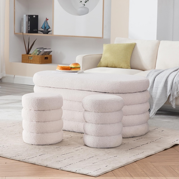 HOMYKA Oval Storage Ottoman Bench with 2 Small Stool for End of Bed Grey