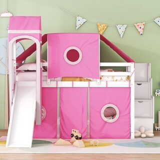 Pink Loft Bed w/ Slide and Tent, Full Size Loft Bed with Tower and ...