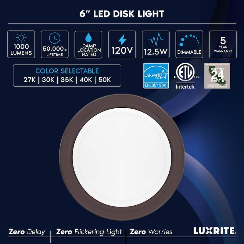 Luxrite 6 Inch LED Disk Lights, Dimmable, 5CCT 2700K-5000K, 12.5W ...
