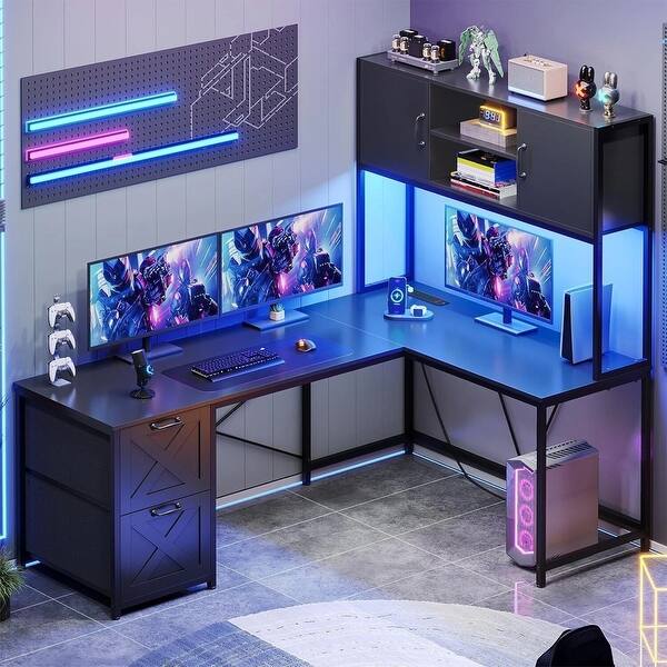 L Shaped Computer Desk LED Light Farmhouse Office Desk 2 Drawers Black ...
