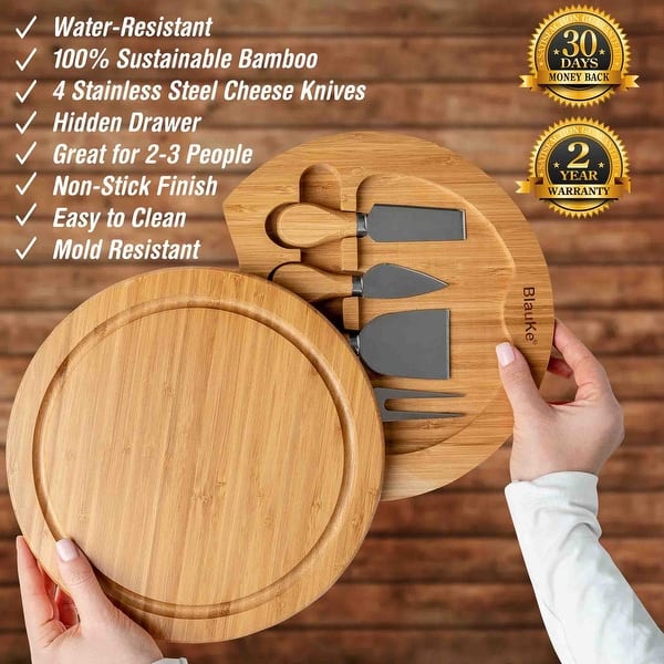 BlauKe Bamboo Cheese Board and Knife Set - Swiveling Charcuterie Board ...