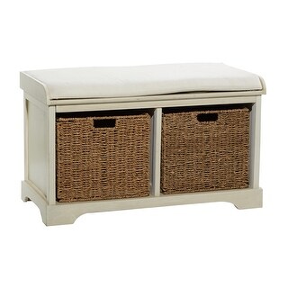 Wood Room Storage Bench with Brown Seagrass Baskets and Cushioned Seat ...