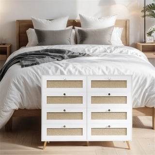 Wood 8 Drawers Rattan Chest of Drawers with Golden Legs and Handles ...