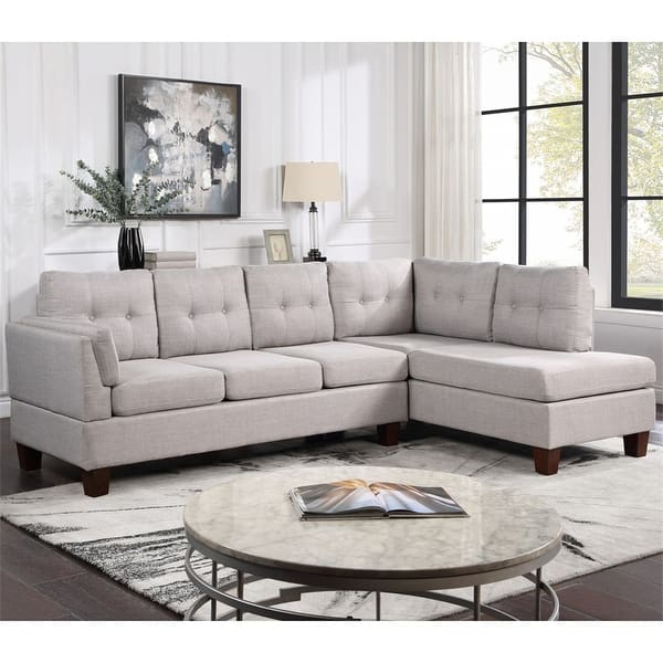 Linen Right Facing Chaise Sectional Sofa with Solid Wood Legs - Bed ...