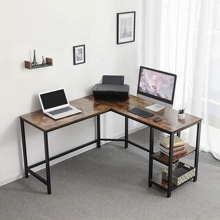 L-Shape Corner Computer Desk Wood and Metal Frame with 2 Shelves, Brown ...